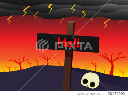 Hell landscape with signpost, skull and strom - Stock Illustration ...
