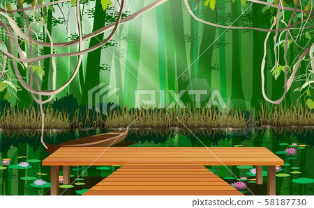 landscape of wooden port at the river in the... - Stock Illustration ...
