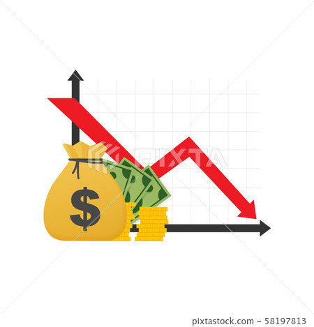Money loss. Cash with down arrow stocks graph, - Stock Illustration ...