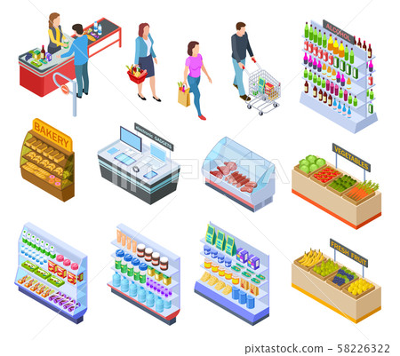 People isometric store. Shopping grocery market... - Stock Illustration ...