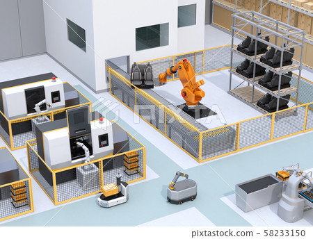Smart factory with collaborative dual-arm... - Stock Illustration ...