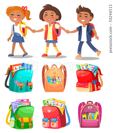 Schoolchildren Hold Hands, Backpacks with Supplies - Stock Illustration ...