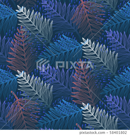 Deep blue magic pattern with tropical fern leaves - Stock Illustration ...