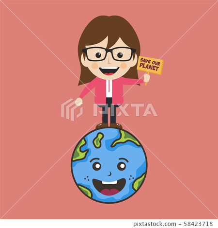 save our planet earth campaign girl holding sign - Stock Illustration ...