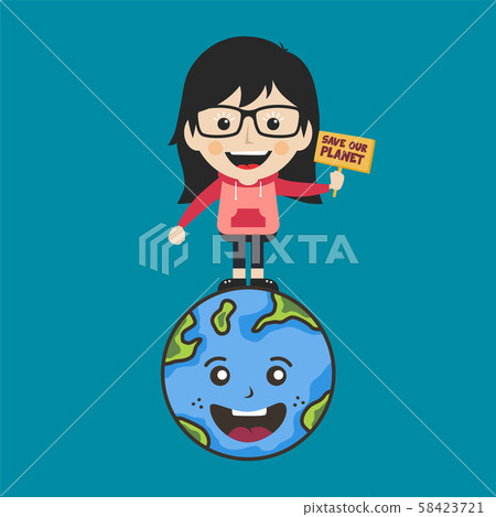 save our planet earth campaign girl holding sign - Stock Illustration ...