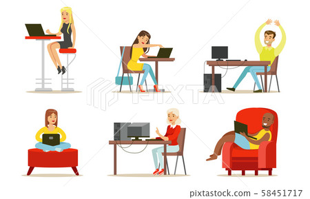 People Using Laptop Computers Set, Young Men... - Stock Illustration ...