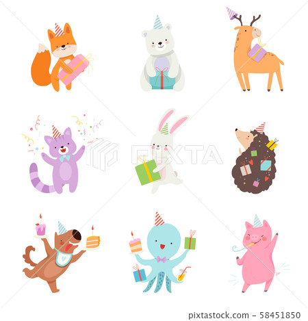 Set of cartoon animals with gifts. Vector... - Stock Illustration ...
