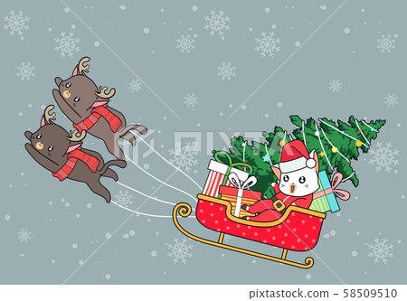 Kawaii Santa cats are riding sleigh vehicle in... - Stock Illustration ...