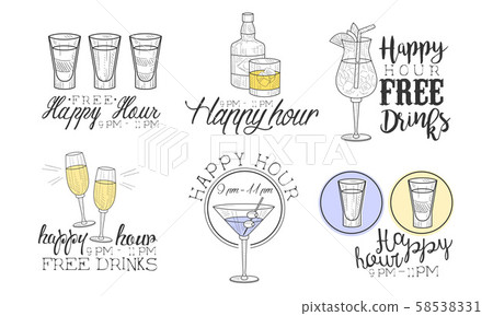 Happy Hour Hand Drawn Retro Labels Set, Free... - Stock Illustration ...
