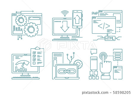 Web development line icons. Seo mobile layout... - Stock Illustration ...