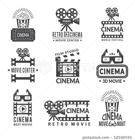 Video labels set. Cinema production badges in... - Stock Illustration ...