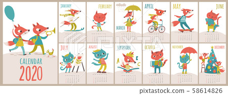 Vector 2020 calendar template with cats and... - Stock Illustration ...