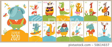 Cartoon vector 2020 calendar with funny wild... - Stock Illustration ...