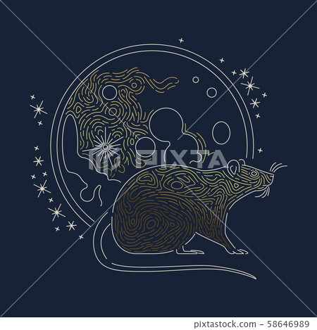 Astrology rat animal with moon in gold line art - Stock Illustration ...