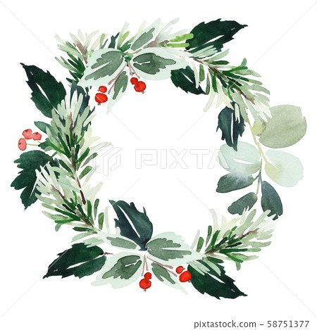 Watercolor christmas wreath with floral elements. - Stock Illustration ...