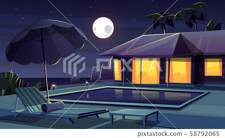 cartoon hotel at night. Tropical resort - Stock Illustration [58792065 ...