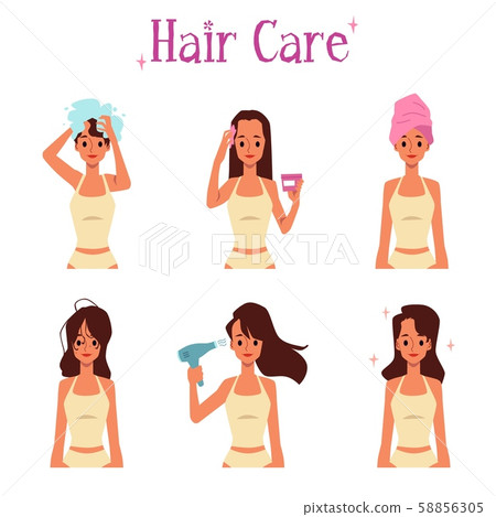 Cartoon woman hair care routine set - applying... - Stock Illustration ...