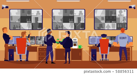 Cartoon people in security room talking and... - Stock Illustration ...