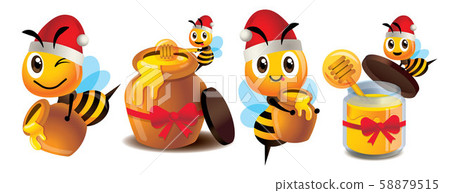 Merry Christmas. Cartoon cute bee mascot set.... - Stock Illustration ...