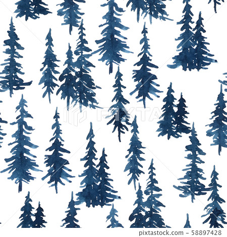 Watercolor indigo blue pine trees. Christmas and - Stock Illustration ...