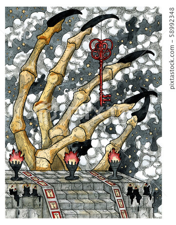 Key hanging on skeleton fingers in evil altar - Stock Illustration ...