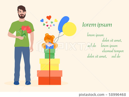 Man with flowers and gifts Holiday greeting card. - Stock Illustration ...