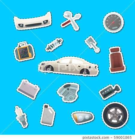 Vector car parts stickers of set illustration - Stock Illustration ...