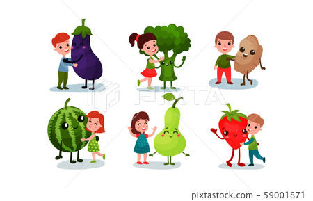 Girls and boys with huge humanized vegetables,... - Stock Illustration ...