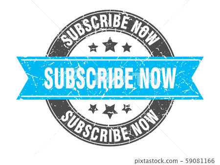 subscribe now round stamp with turquoise ribbon. - Stock Illustration ...