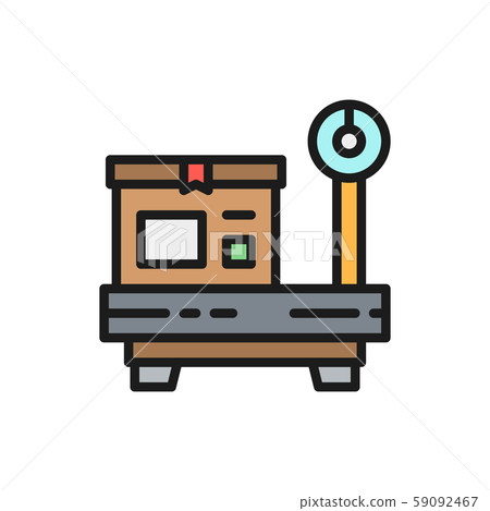 Box on scales, package weighing flat color icon. - Stock Illustration ...