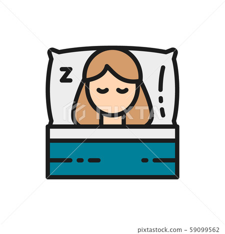 Sleeping girl on bed flat color icon. - Stock Illustration [59099562 ...