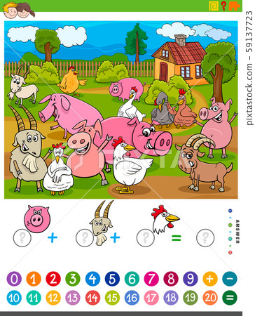 counting and adding task with cartoon farm animals - Stock Illustration ...