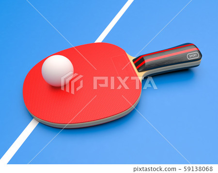 Red table tennis racket with ball. On blue... - Stock Illustration ...