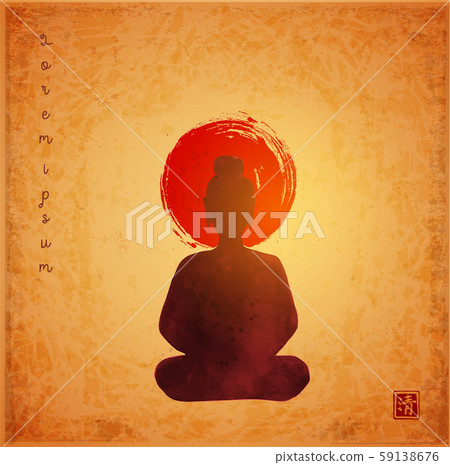 Silhouette of Buddha and big red sun on vintage... - Stock Illustration ...
