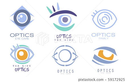 Set of optics eye care logos cartoon vector... - Stock Illustration ...