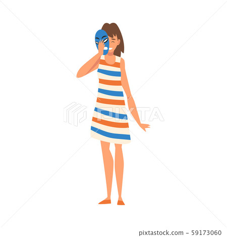 Woman Covering Her Face with Anger Mask, Girl... - Stock Illustration ...