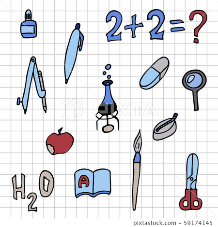 set of school things checkered sheet. doodle... - Stock Illustration ...