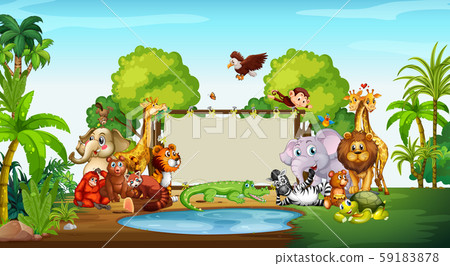 Cute animals at the zoo with blank sign - Stock Illustration [59183878 ...