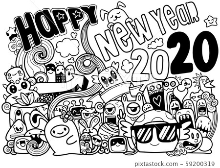 new year 2020 doodle hipster background, The group - Stock Illustration ...