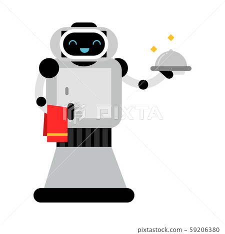 Kind robot home helper holds a closed dish.... - Stock Illustration ...