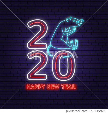 2020 Happy New Year Neon sign with rat. Vector.... - Stock Illustration ...