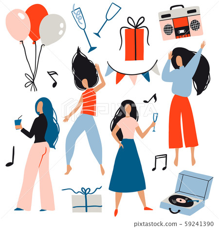 Party set. Girls celebrating, dancing - Stock Illustration [59241390 ...