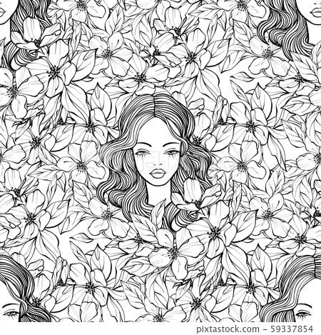 Beautiful woman with flowers. Seamless pattern - Stock Illustration ...