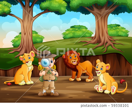 The explorer with lions on the forest - Stock Illustration [59338101 ...