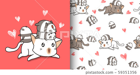 Seamless pattern kawaii big cat and small pandas-插圖素材 [59351356] - PIXTA圖庫