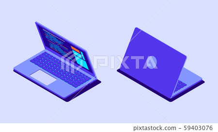 Isometric laptop with program code on screen.... - Stock Illustration ...