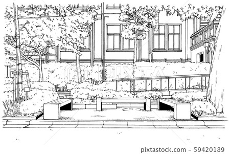 Manga style pen drawing illustration university - Stock Illustration ...
