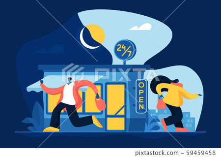 24 hours open shop flat vector illustration - Stock Illustration ...