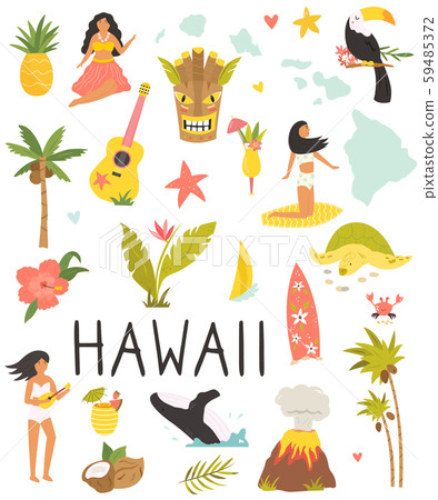 Set of colorful symbols, landmarks of Hawaii. - Stock Illustration ...