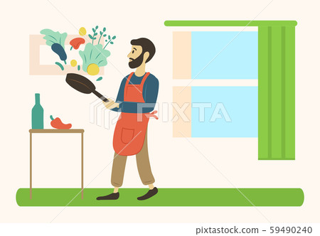 Man Cooking Dinner at Home, Hobby of Male Person - Stock Illustration ...